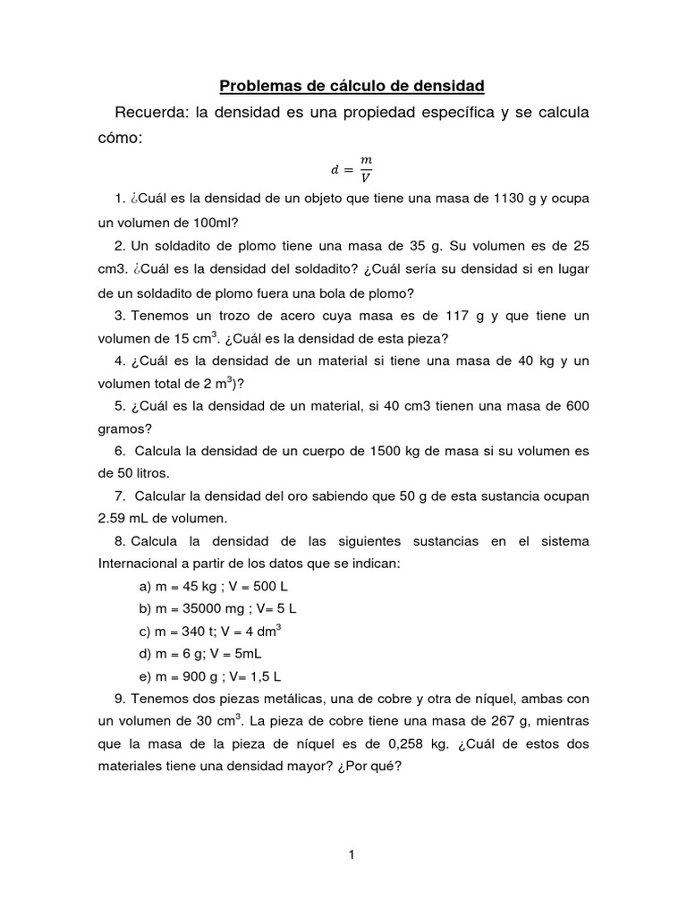 Ejercicios Densidad | PDF | Densidad | Volumen