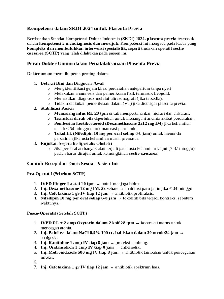 Kompetensi Dalam SKDI 2024 Untuk Plasenta Previa | PDF