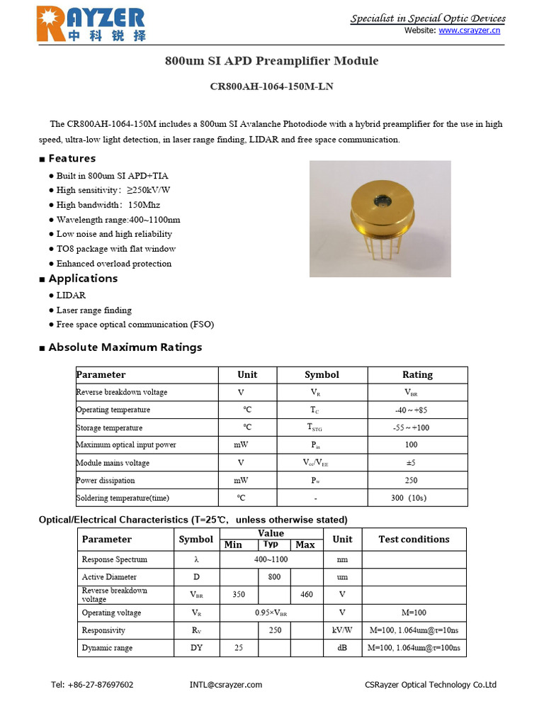 800um-si-apd-preamplifier-module_1684384879 | PDF | Electronics | Electrical Engineering