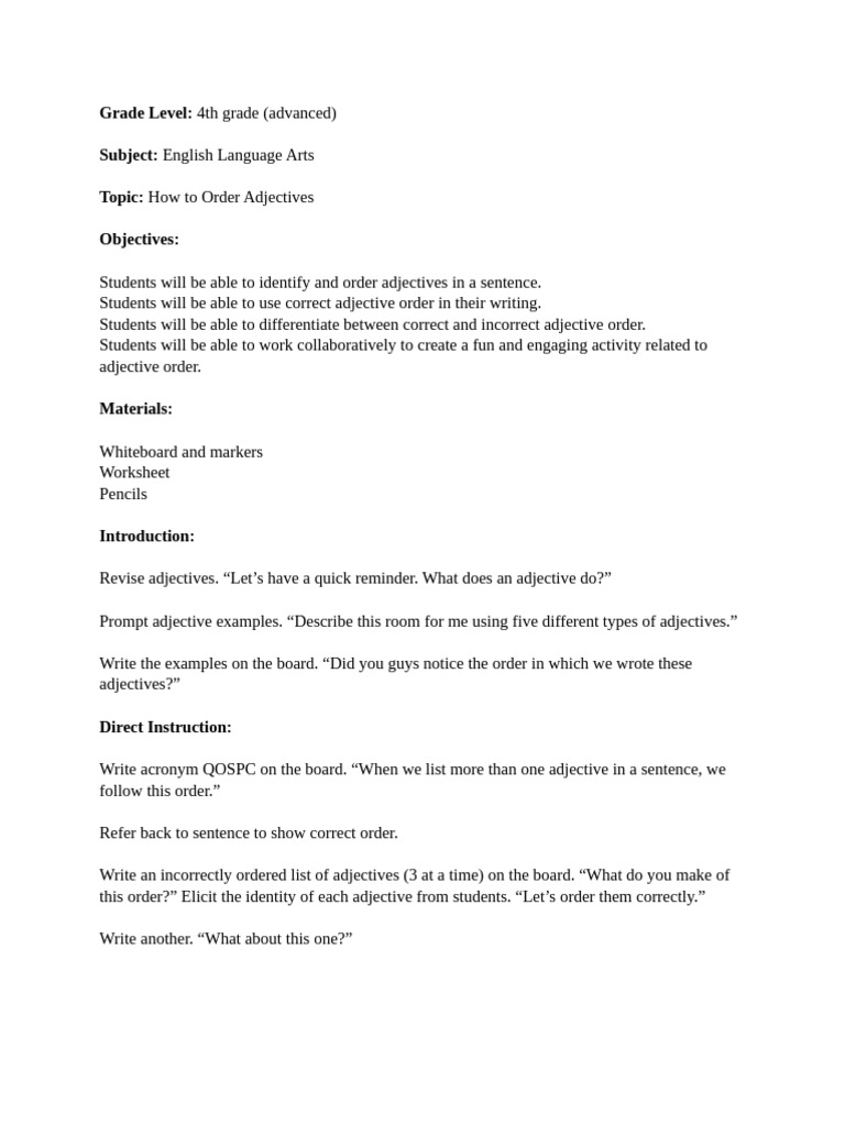 Ordering Adjectives Lesson Plan | PDF
