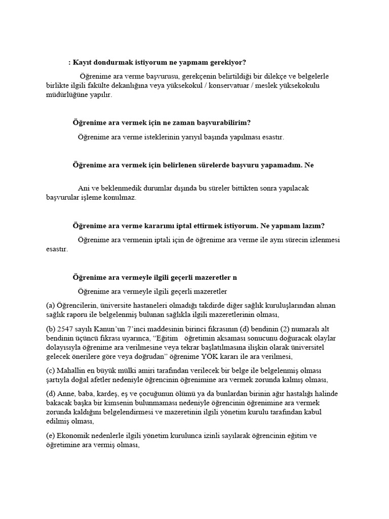 on lisans-lisans programlarinda kayit dondurma (ogrenime ara verme) icin sikca sorulan sorular | PDF