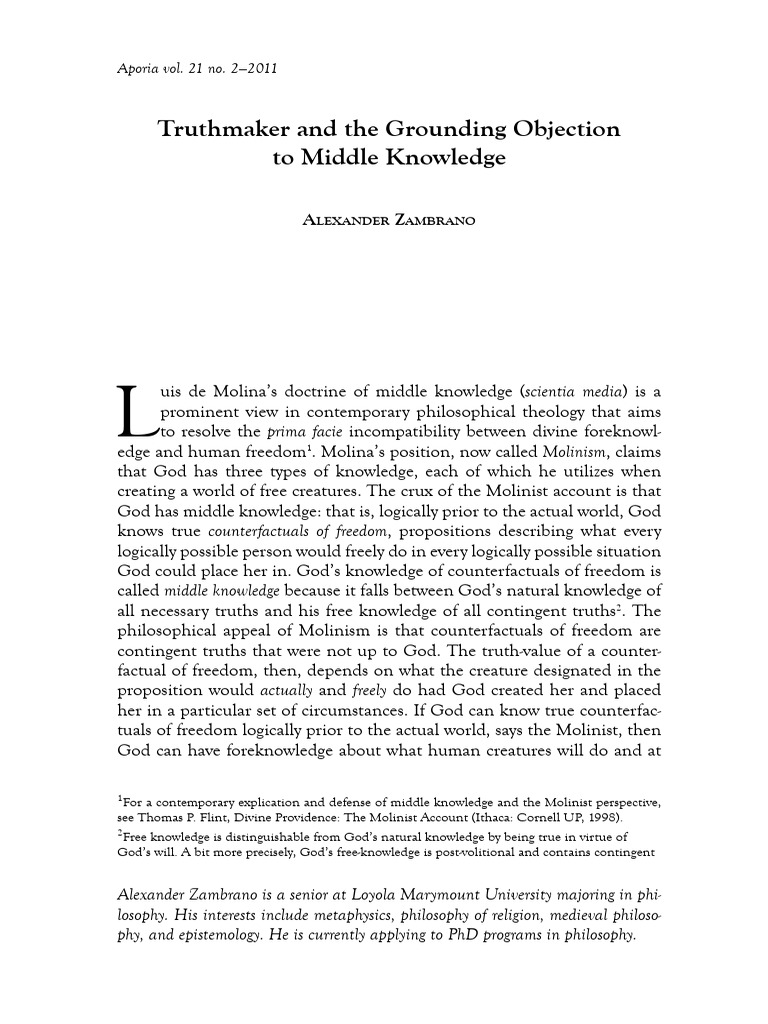 Zambrano-Truthmaker and The Grounding Objection To Middle Knowledge | PDF | Logic | Metaphysics