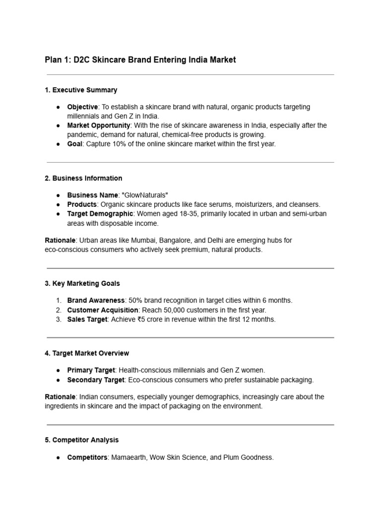 Plan 1 - D2C Skincare Brand Entering India Market | PDF | Marketing | Brand