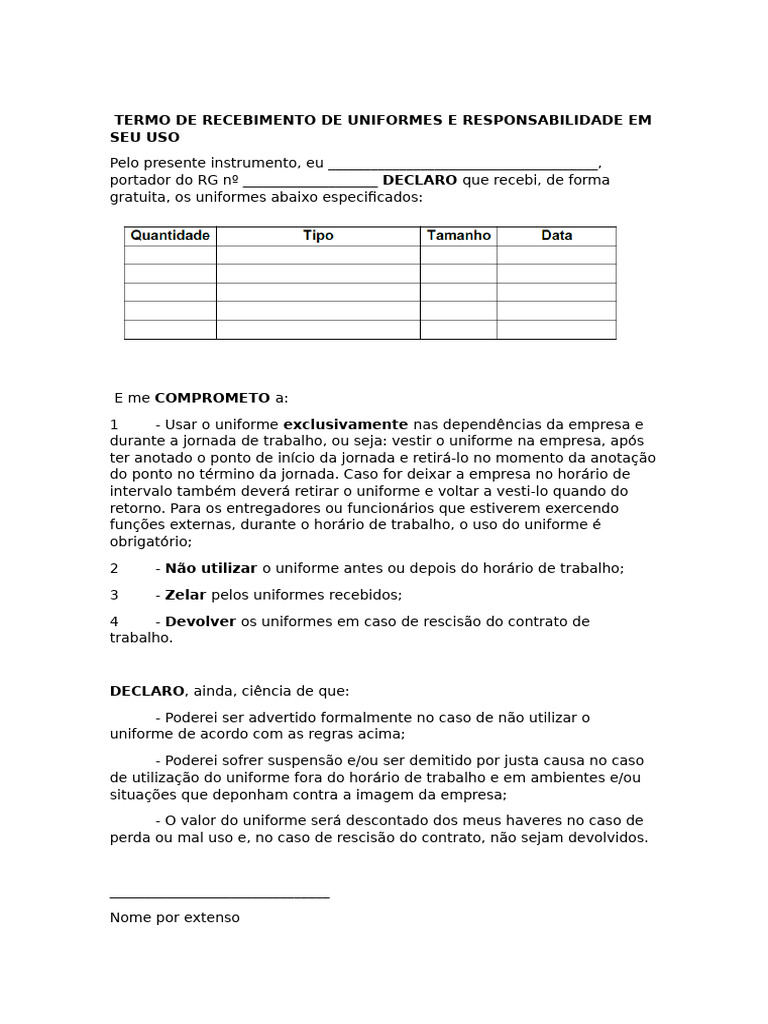 Termo de Recebimento de Uniformes e Responsabilidade em Seu Uso | PDF