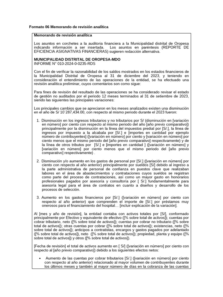 Formato 06 Memorando de Revisión Analítica | PDF | Deuda | Economias
