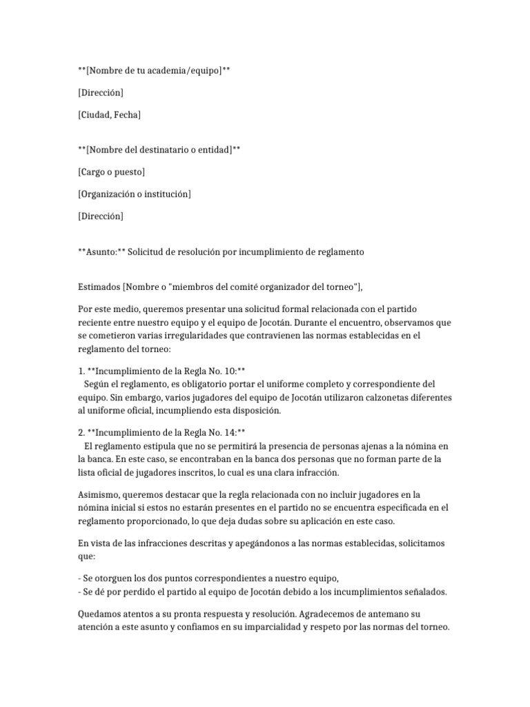 Carta Incumplimiento Reglamento | PDF