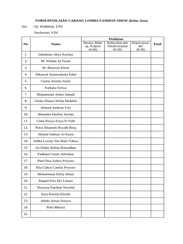 Form Penilaian Cabang Lomba Fashion Show | PDF