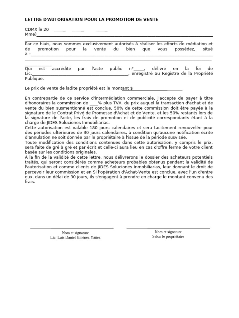 Lettre d'autorisation de vente immobilière | PDF