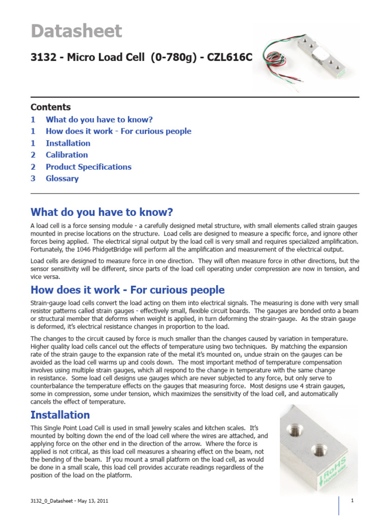 780g Strain Gauge Load Cell Datasheet | PDF | Weighing Scale | Electronic Engineering