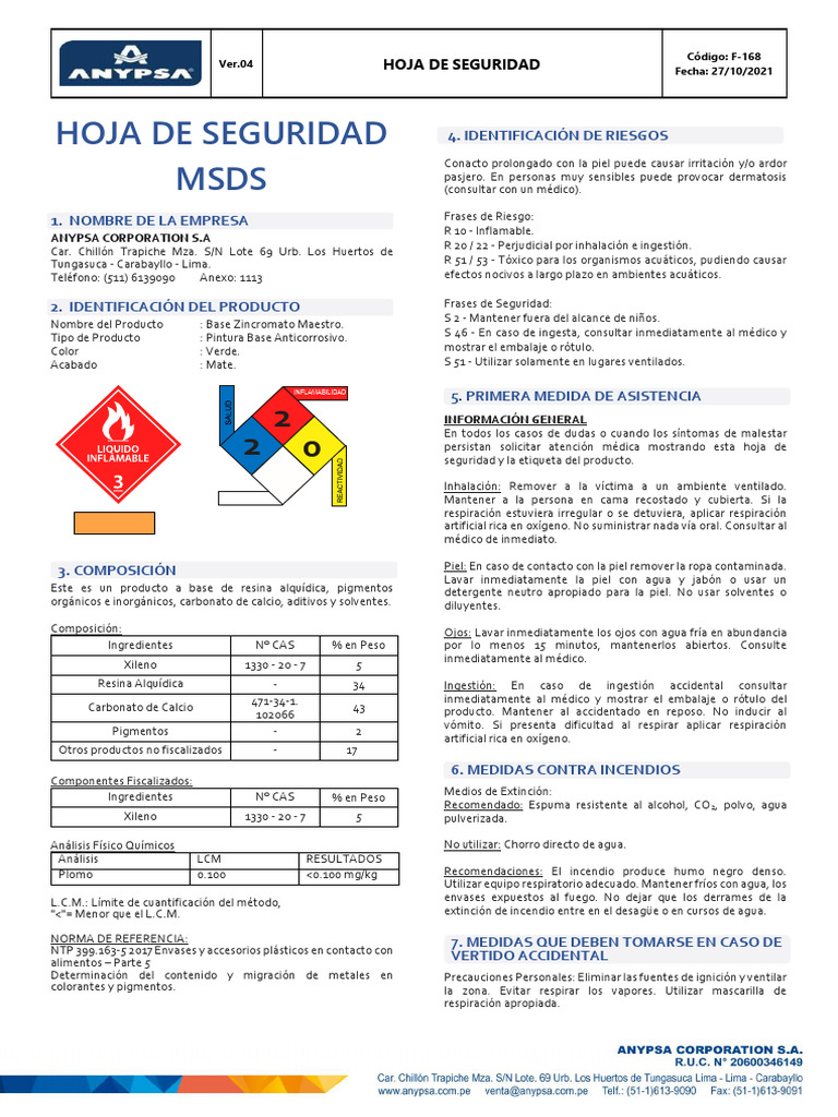 Hoja de Seguridad Base Zincromato Maestro | PDF | Agua