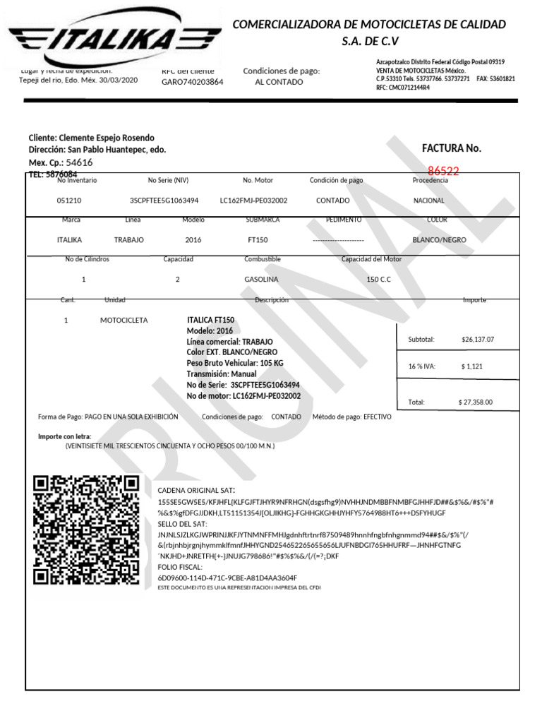 Factura Italika FT150-1 | PDF | Industria automotriz | Vehículos