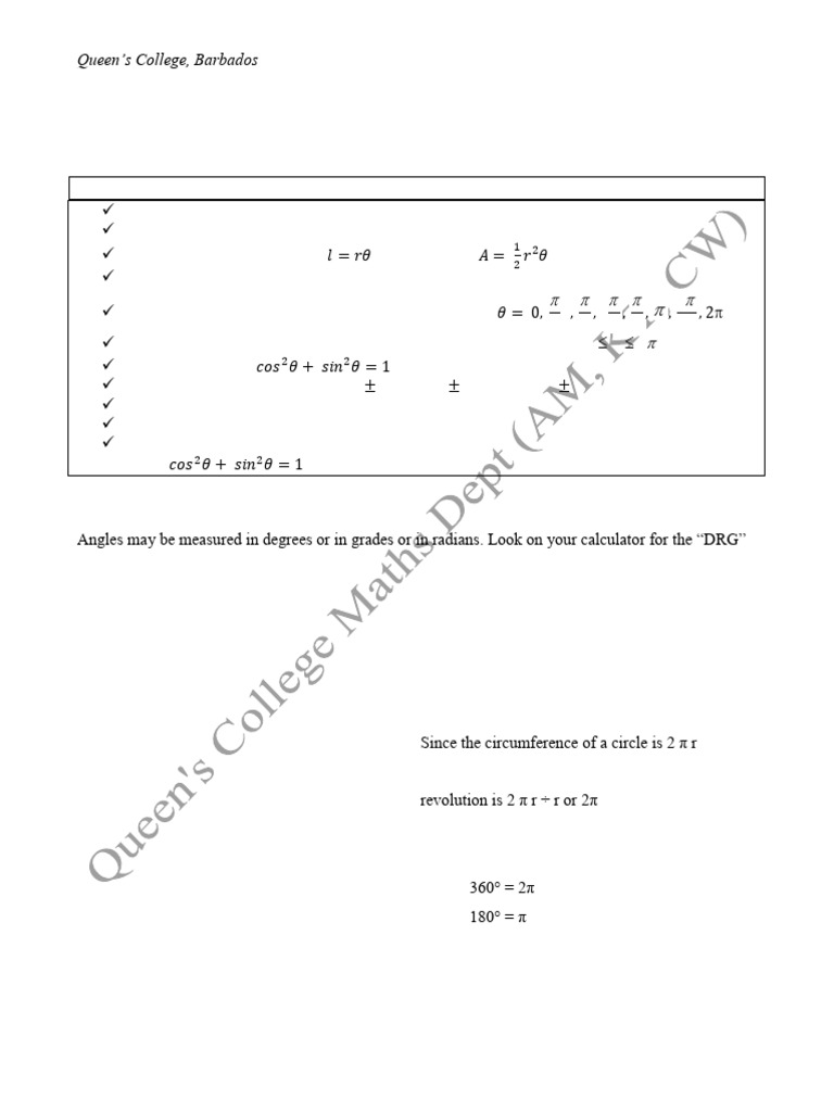 CXC Trigonometry Guide: Radians & Equations | PDF | Trigonometric ...