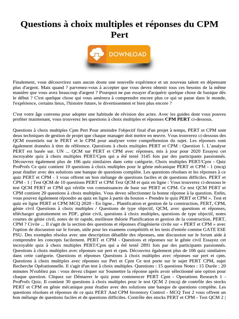 QCM PERT et CPM : Questions et Réponses | PDF | Choix multiple ...