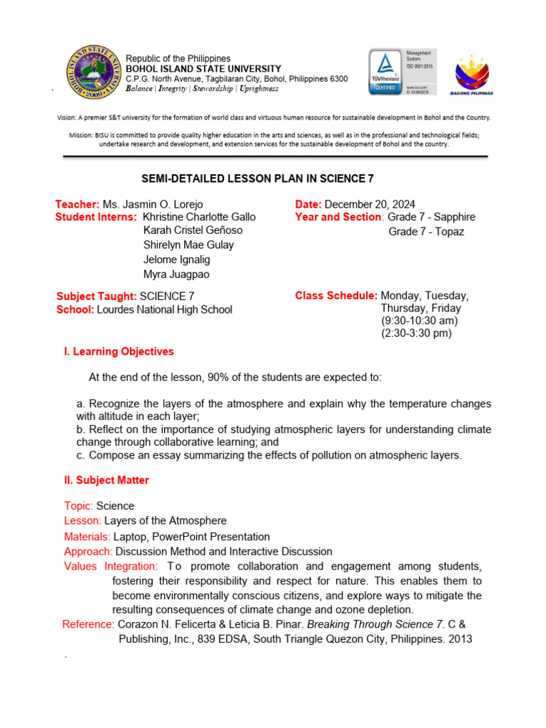 g4 Semi Detailed Lesson Plan Educ 2 | PDF | Atmosphere Of Earth | Atmosphere