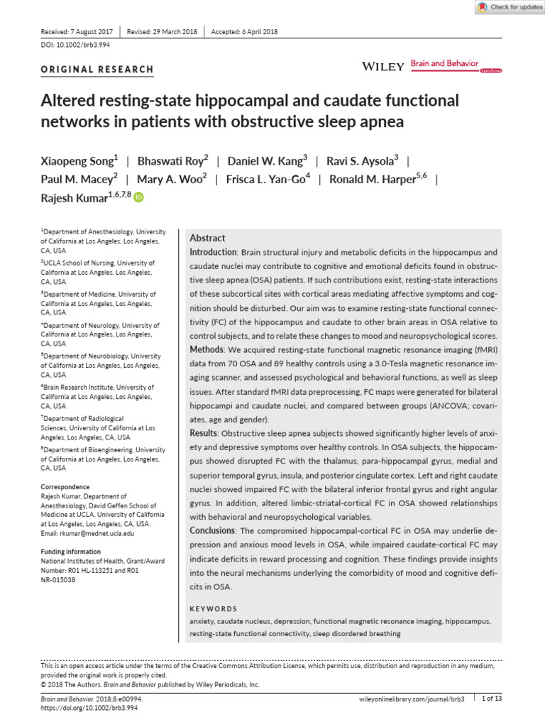 Altered Resting - State Hippocampal and Caudate Functional Networks in Patients With Obstructive ...