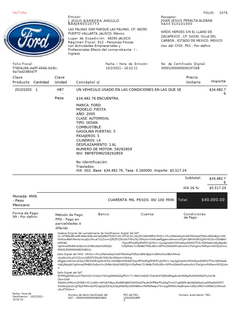 Factura 1076 | PDF | Vehículo de motor | Vehículos