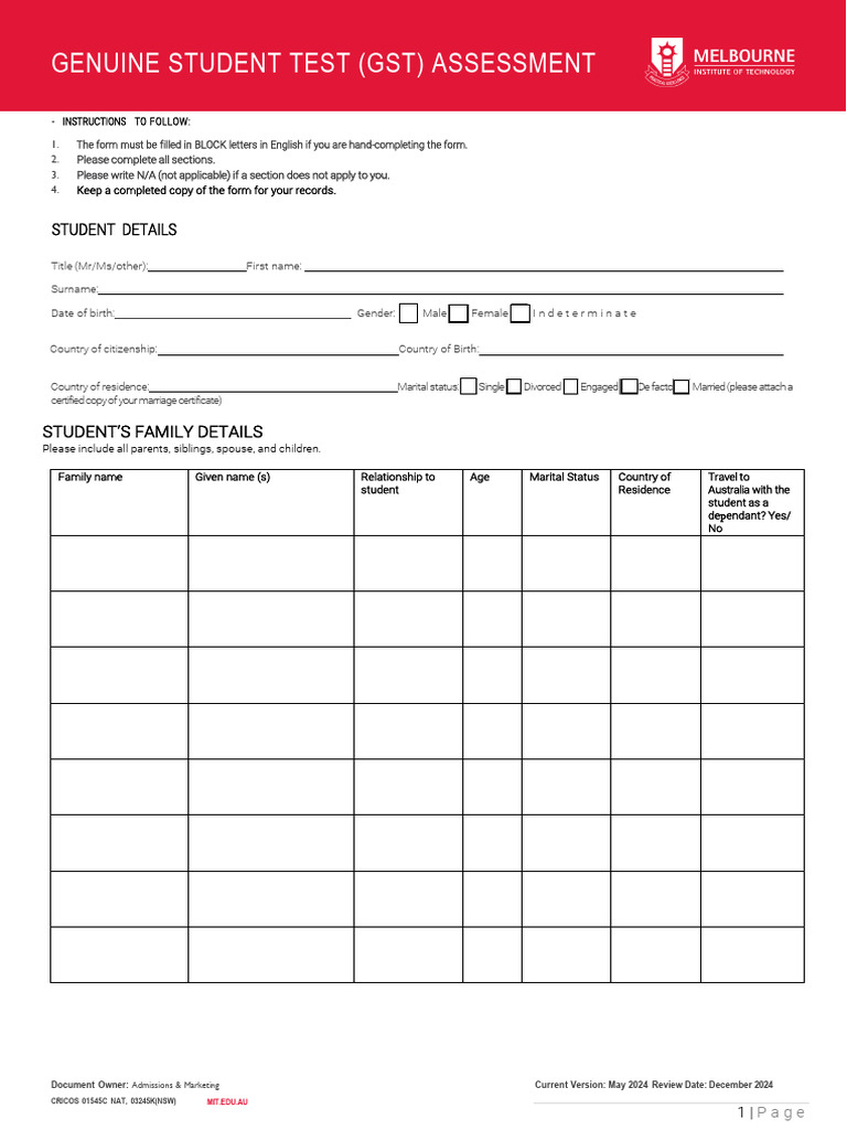 Genuine Student Test Assessment Form (Final) - Fillable | PDF | Travel Visa