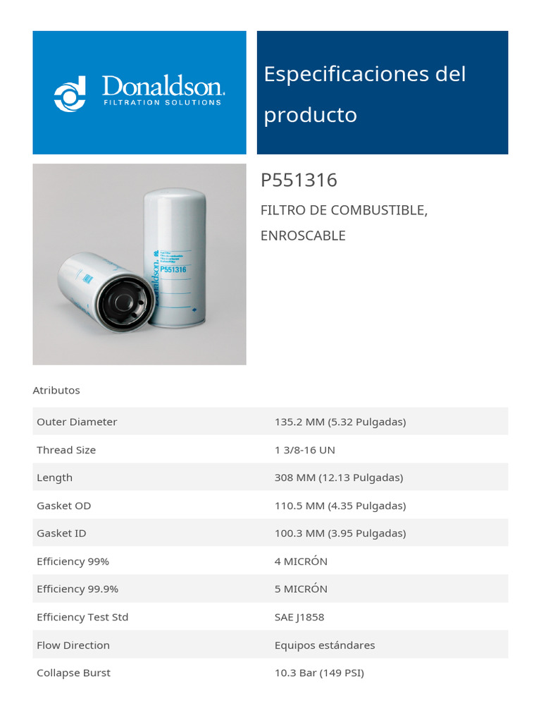 Filtro de Combustible Enroscable P551316 | PDF