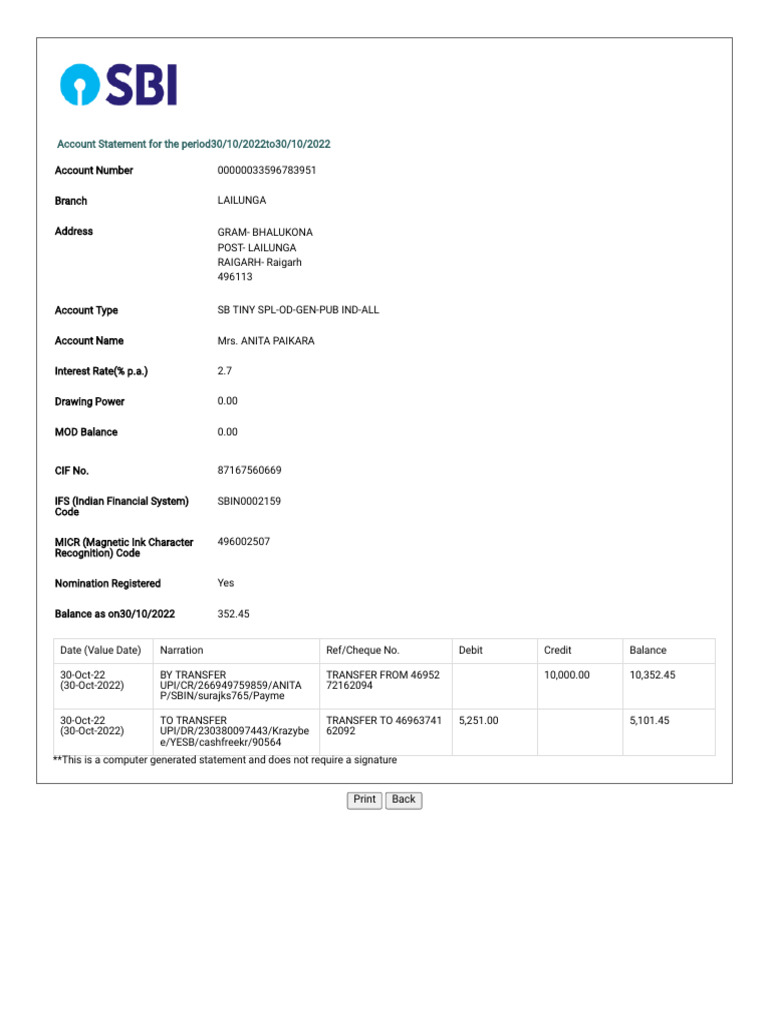 SB Tiny SPL-OD Account Details | PDF