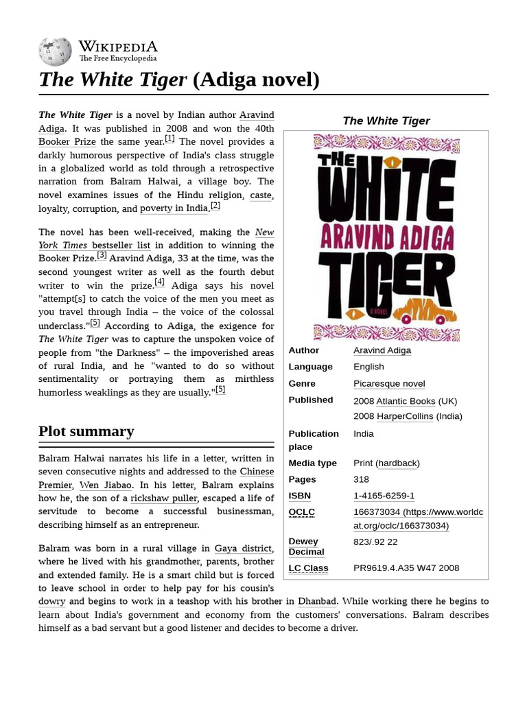 The White Tiger (Adiga Novel) | PDF