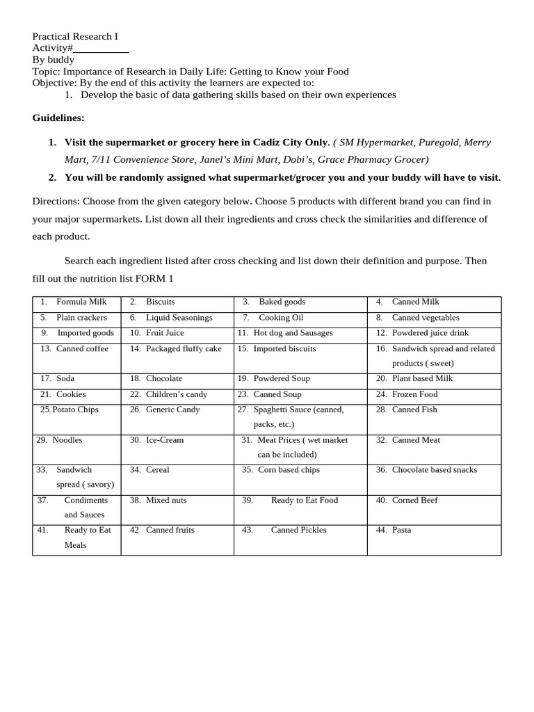 045 Research Activity Daily Life | PDF | Grocery Store | Food Industry
