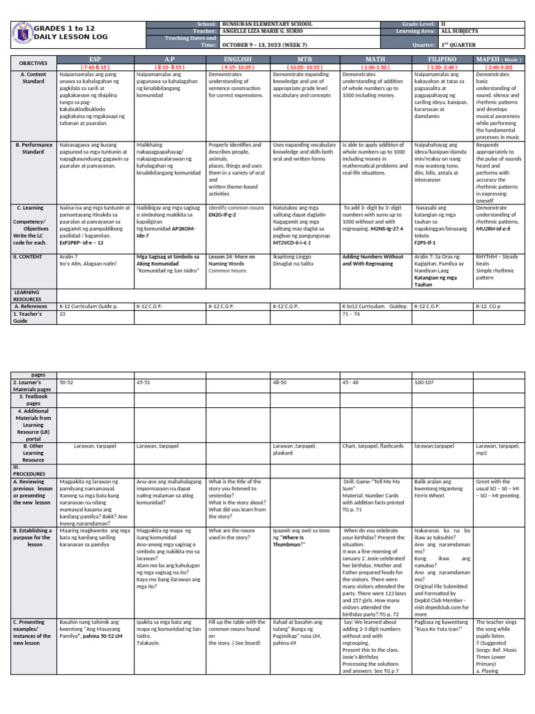 DLL All Subjects 2 q1 w7 d1 | PDF | Learning