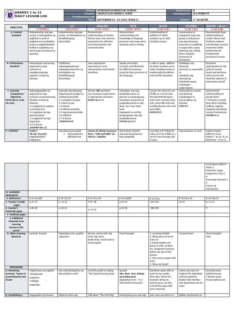Dll All Subjects 2 q1 w5 d1 | PDF