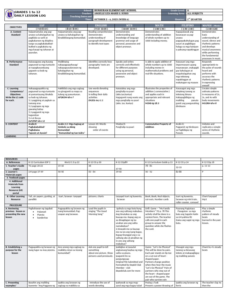 Dll All Subjects 2 q1 w6 d1 | PDF