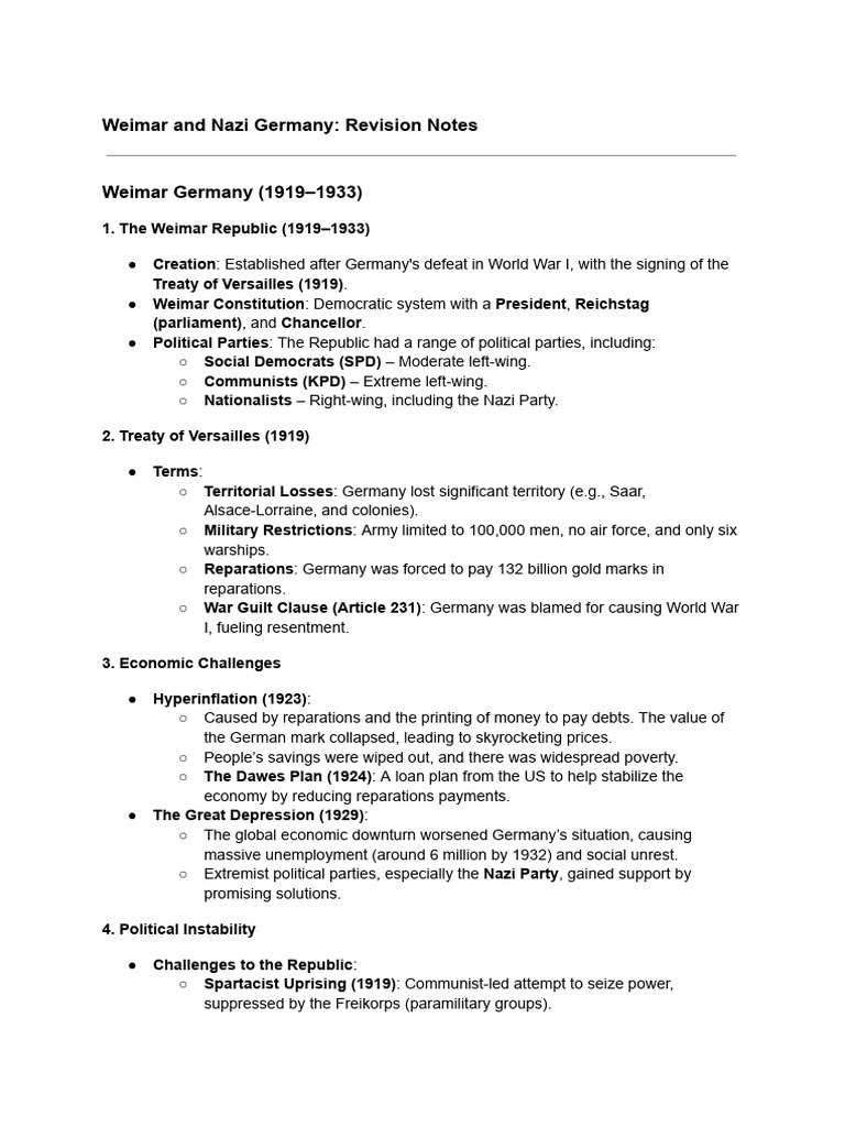 Weimar and Nazi Germany Revision Notes | PDF | Weimar Republic | Nazi Party
