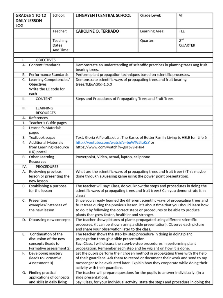 Lesson Plan For Propagating Trees and Fruit Bearing Trees | PDF ...