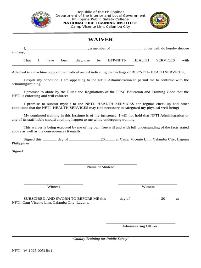 NFTI Medical Waiver for Training | PDF