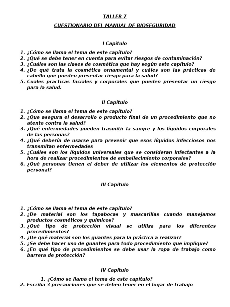 Taller 7 Cuestionario Delmanual de Bioseguridad | PDF