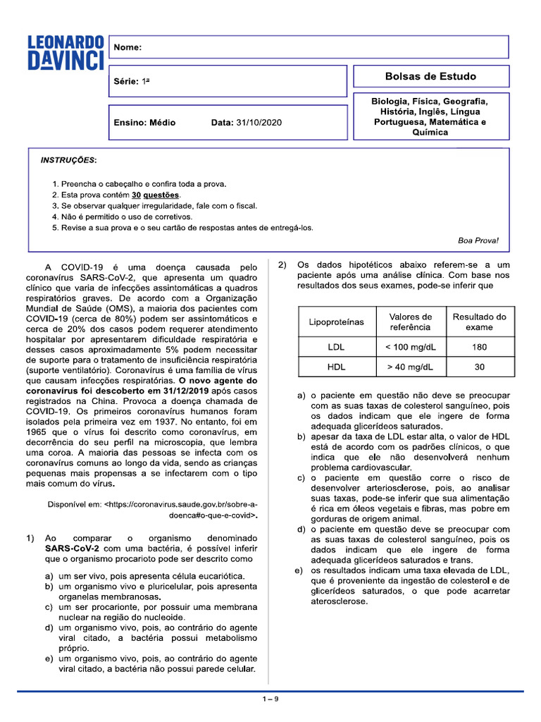 Provas Passadas Do Leonardo Da Vinci (Escola) | PDF
