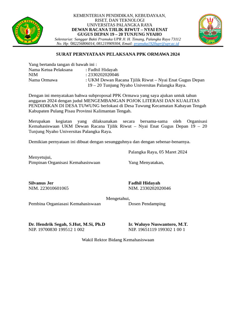 Surat Pernyataan Pelaksana PPK Ormawa 2024 | PDF