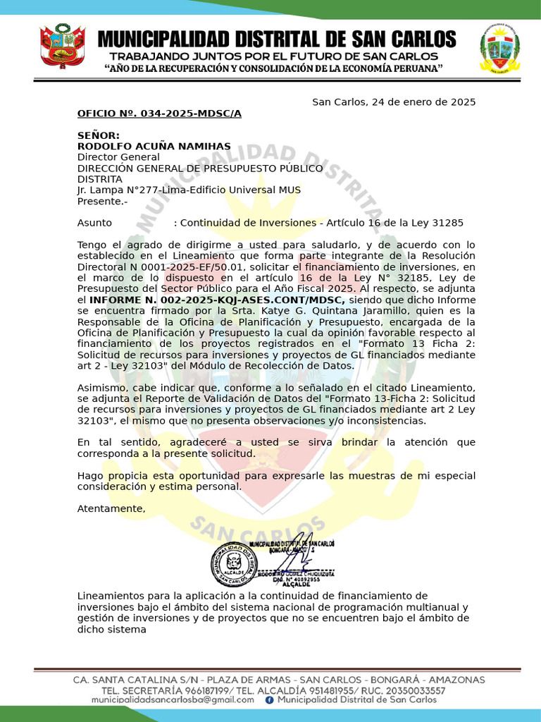 Oficio Nº. 034-2025-Mdsc-A | PDF | Presupuesto | Gobierno