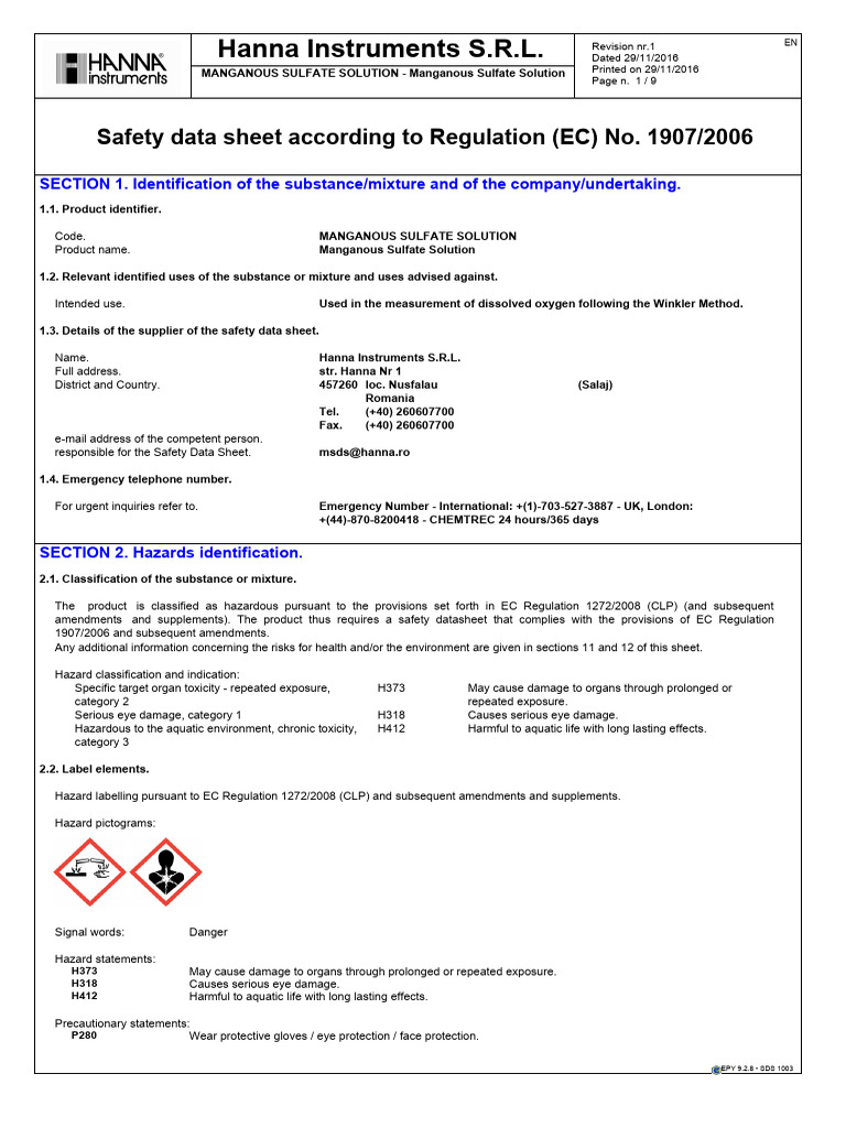 En - Manganous Sulfate Solution - CLP - 1 Kit Oxigeno Disuelto | PDF ...