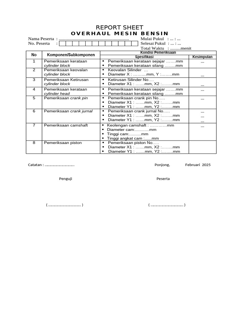 REPORT SHEET Overhaul New | PDF