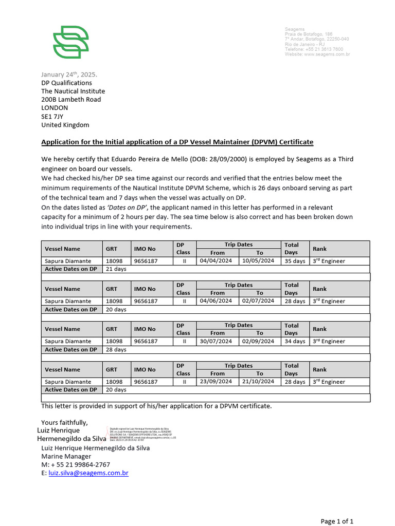 DPVM Certificate Application for Engineer | PDF