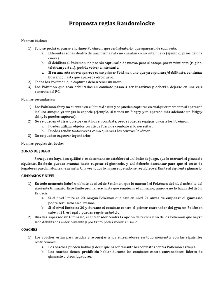 Propuesta Reglas Randomlocke | PDF | Pokémon | Juego de azar