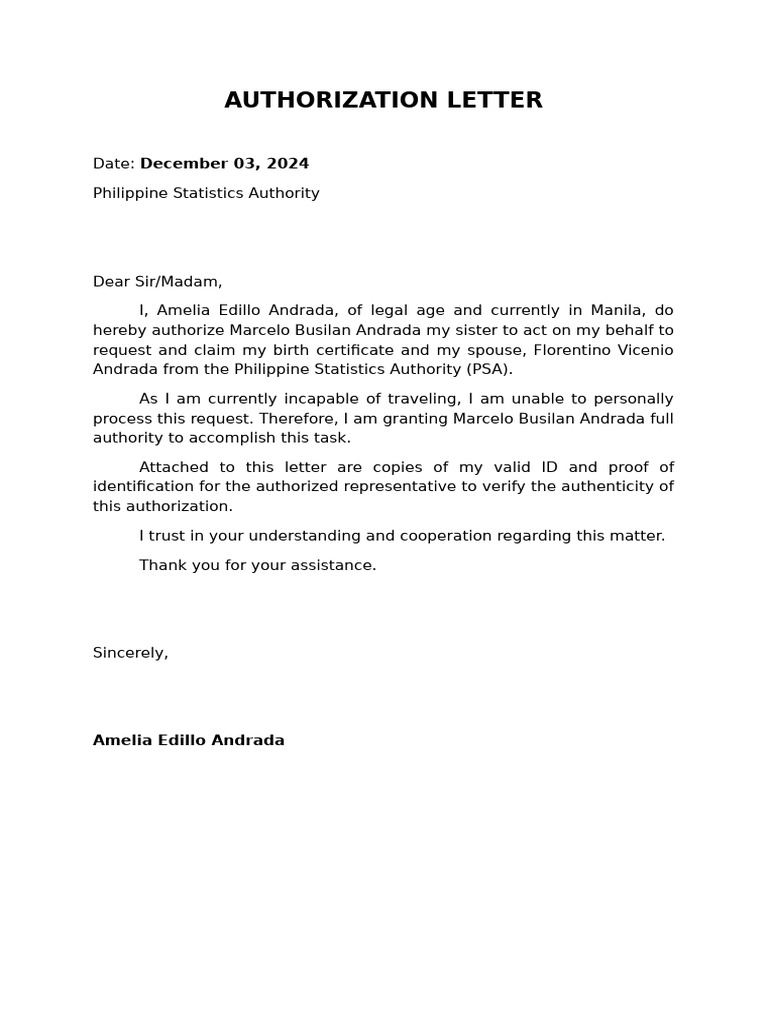 Authorization Letter for Birth Certificate | PDF