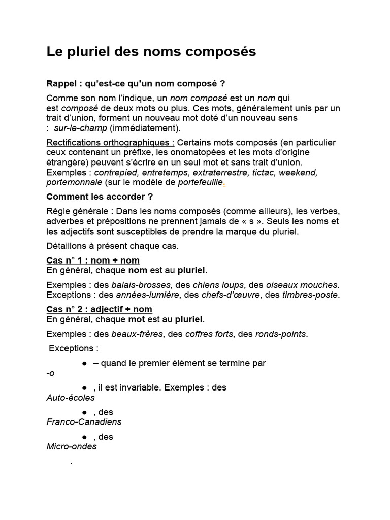 Pluriel des noms composés explicatif | PDF | Nombre grammatical | Adverbe