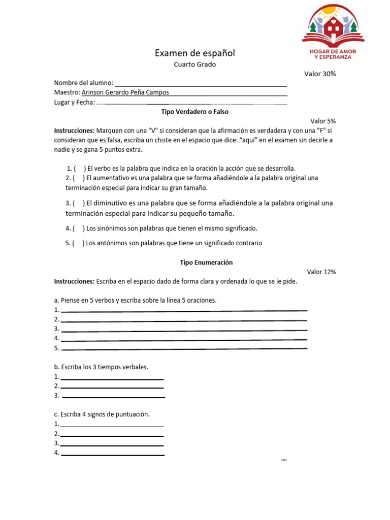 Examen de Español para Cuarto Grado | PDF | Mecánica del lenguaje ...