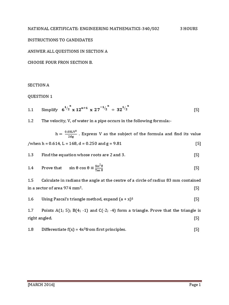 Engineering Mathematics Exam Questions | PDF | Elementary Mathematics ...