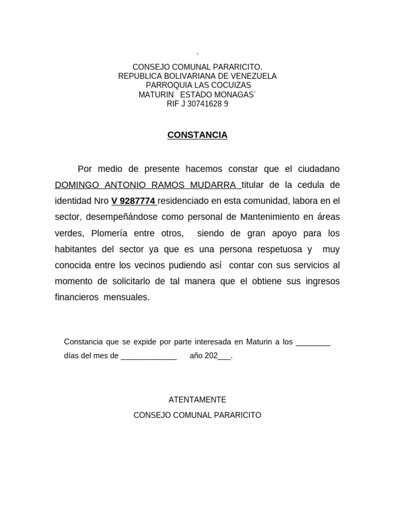 Constancia de Trabajo en Pararicito | PDF