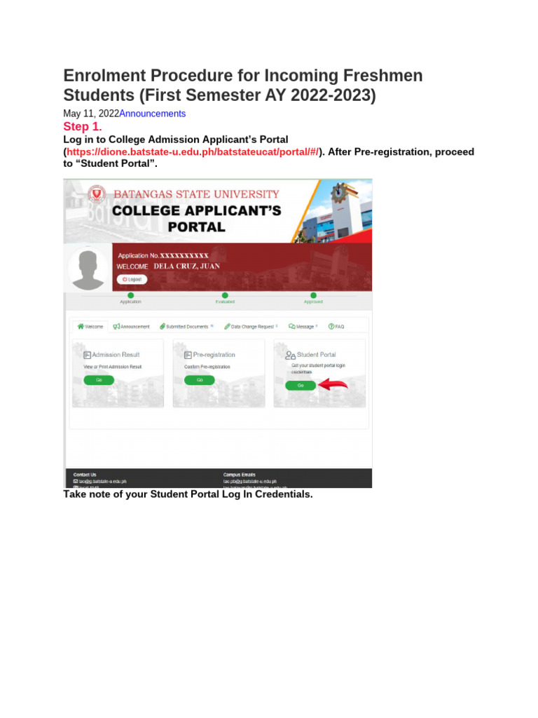BatState-U Freshmen Enrollment Steps | PDF