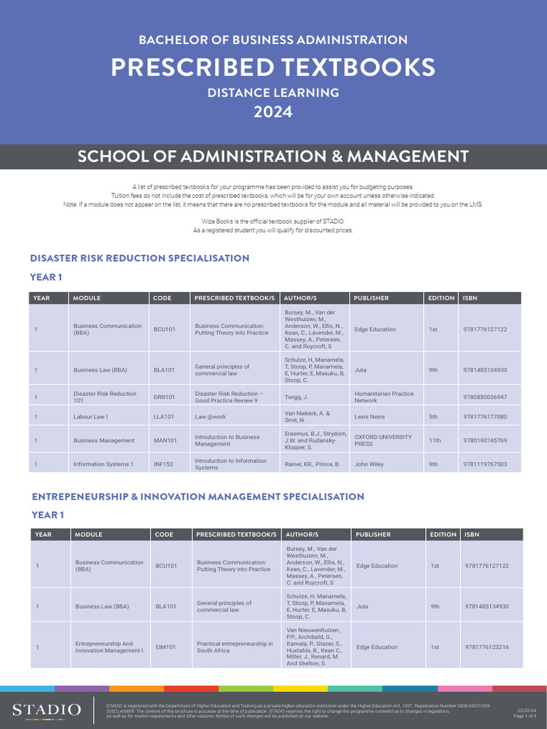 STADIO BBA Year 1 Textbook List | PDF | Business | Book Publishing