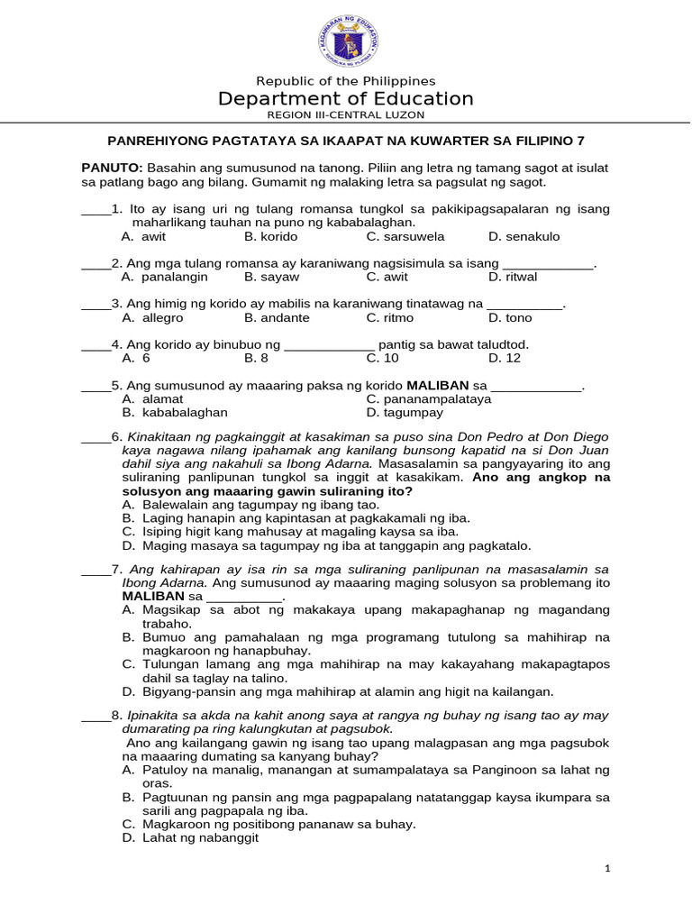 Filipino 7-Q4 Panrehiyong Pagsusulit | PDF