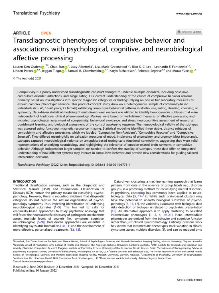 Transdiagnostic Phenotypes of Compulsive Behavior and Associations With ...