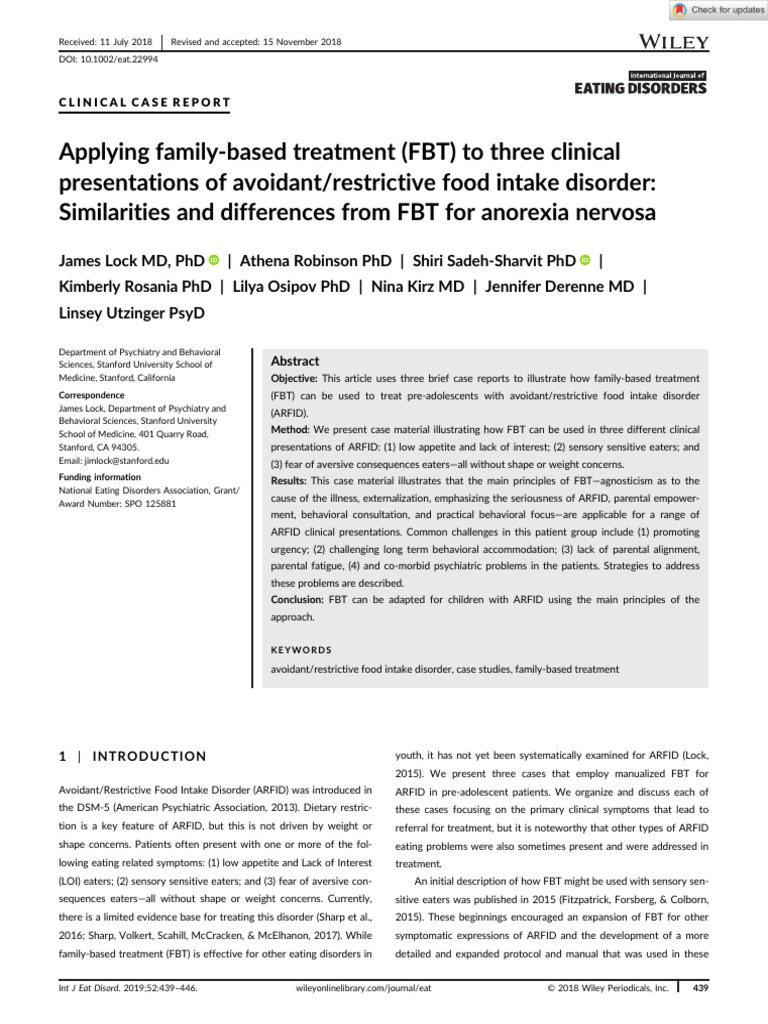 Intl J Eating Disorders - 2018 - Lock - Applying Family Based Treatment FBT To Three Clinical ...