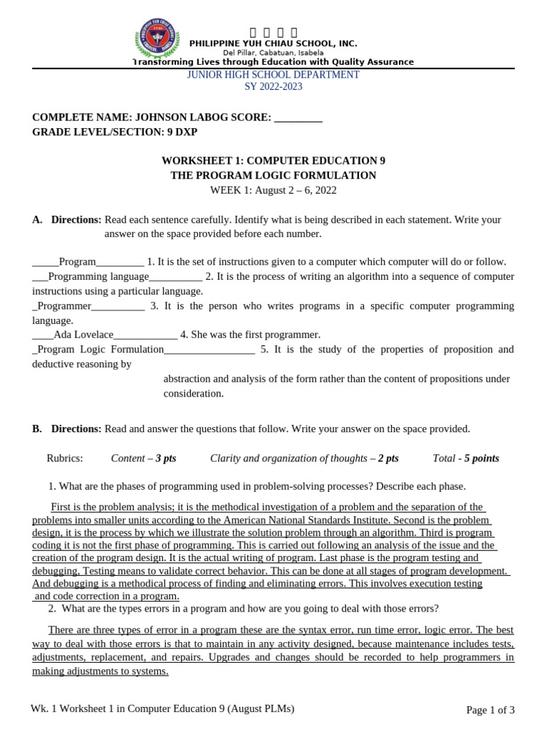 Computer 9 Worksheet 1 | PDF | Computer Program | Programming